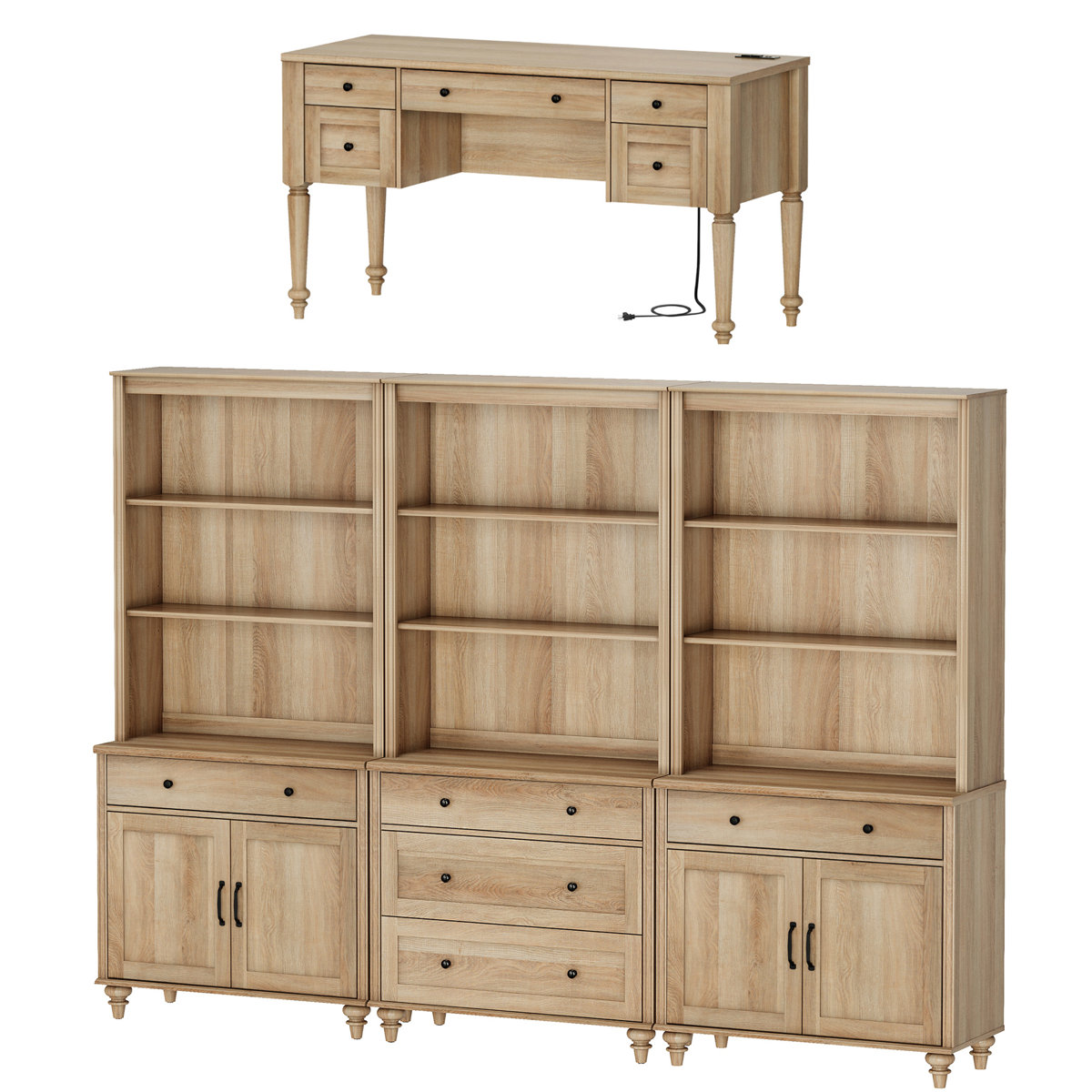 August Grove® 2 Piece Office Set, 56" Executive Desk, Bookcases With 5 Drawers And 2 Doors, Oak ...